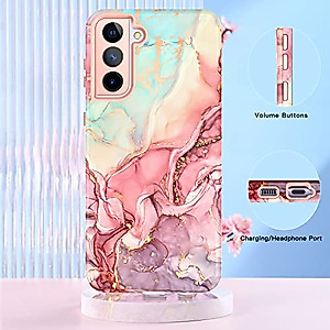 Galaxy S21 Plus Case: Marble Pattern 3-in-1 Heavy Duty Shockproof with Rugged Hard PC & Soft Silicone, Rose Gold