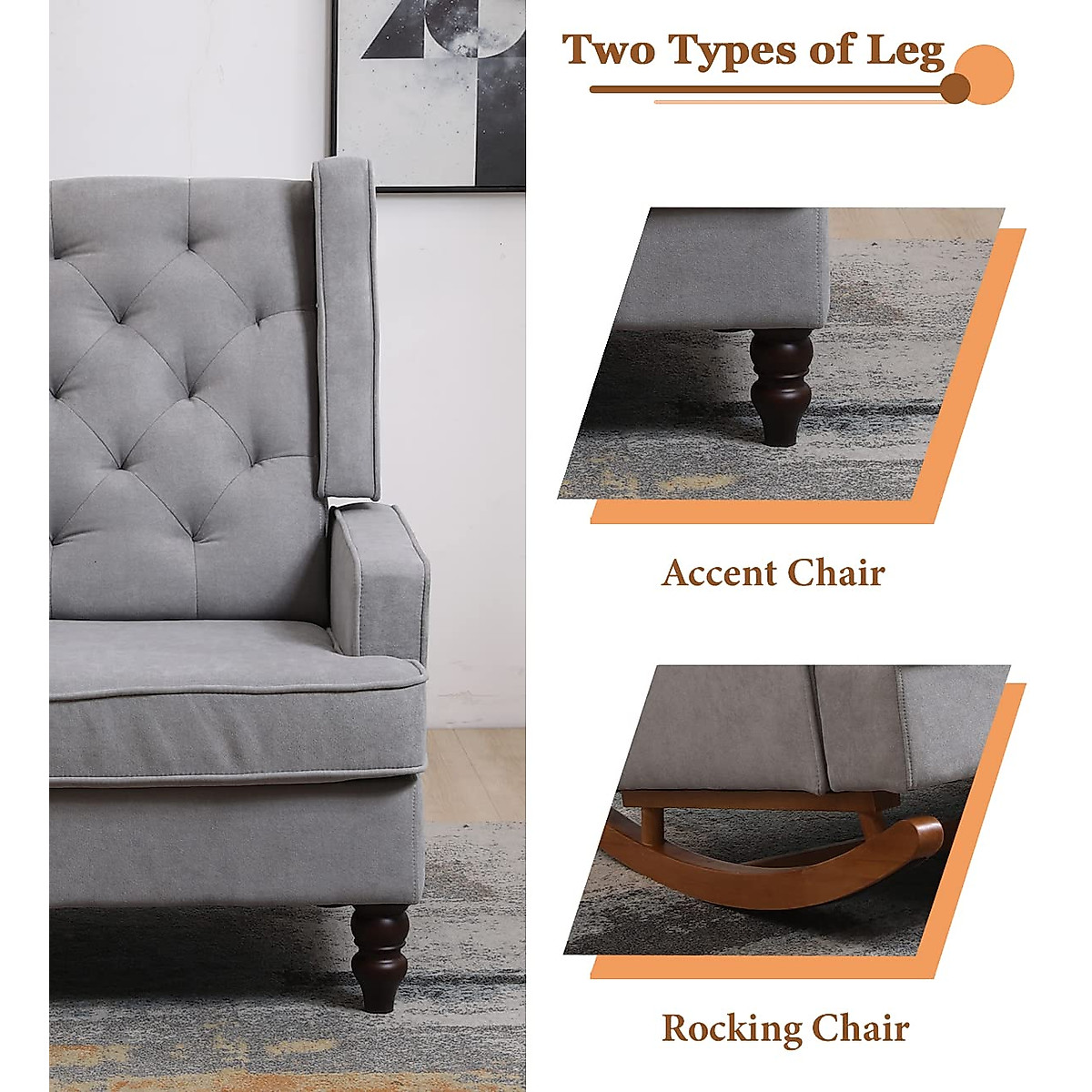 KINFFICT Convertible Accent Rocking Chair, Mid Century Glider Rocker for Baby Nursery, Modern Wingback Armchair for Living Room, Bedroom, Two Types of Leg, Light Gray