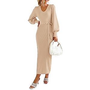 PRETTYGARDEN Women's Fall Knit Pullover Sweater Dress Elegant Long Lantern Sleeve V Neck Winter Maxi Bodycon Dresses (Apricot,Medium)
