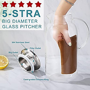 Glass Pitcher - Water Pitcher - Fridge Glass Pitcher with Lid Ice Tea Maker - 86OZ 18/8 Stainless Steel - Easy Clean Heat Resistant Borosilicate Glass Jug for Juice,Milk, Cold or Hot Beverages…