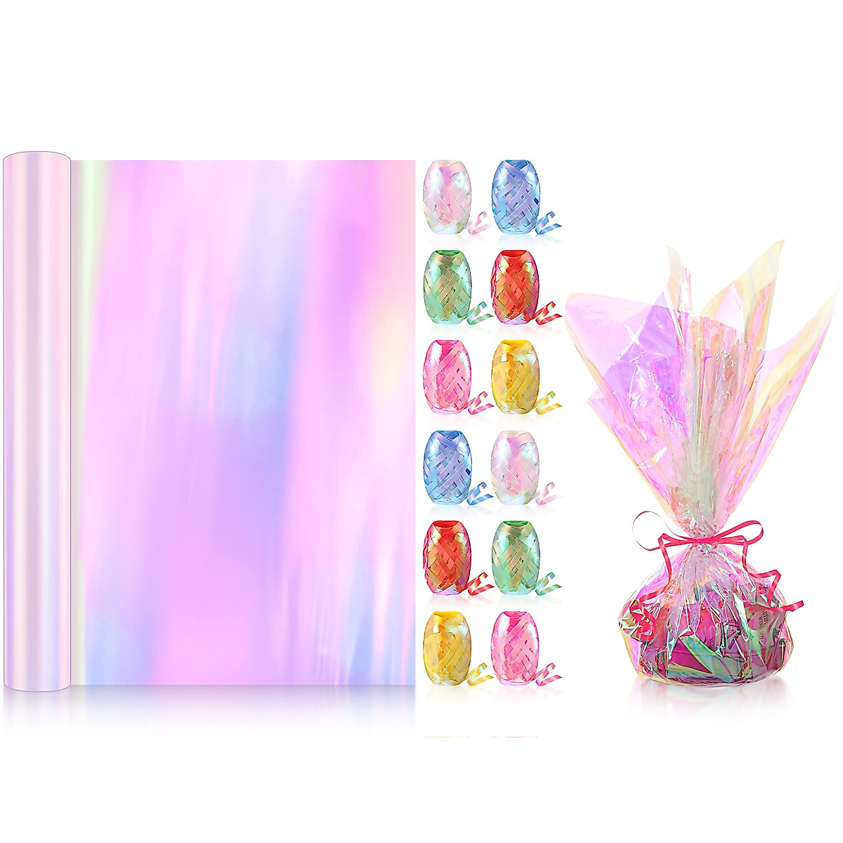 31.5 Inch x 50 Ft Iridescent Film Cellophane Roll Rainbow Holographic Cellophane Wrap Paper with 10 Rolls Colorful Metallic Curling Balloon Ribbon for Flower Gift Candy Handicraft Crafts