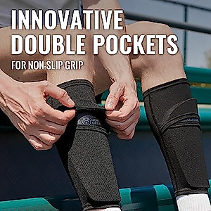 Soccer Shin Guards for Men incl. Sleeves with Optimized Insert Pocket - Protective Soccer Equipment for Kids Adults (Black L)