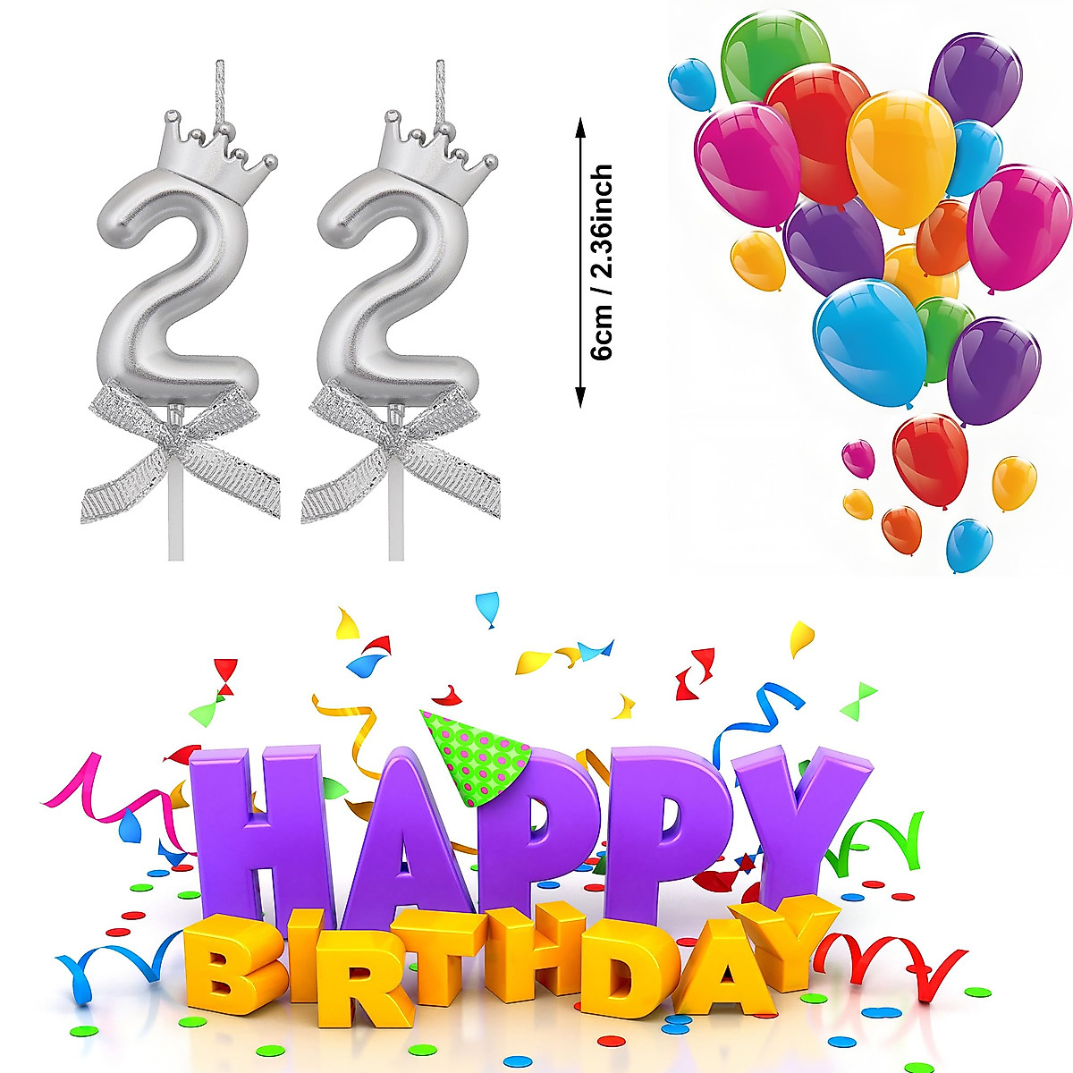 VSHILI 22 Birthday Candles, 22nd Cake Candles, Silver Happy Birthday Number 22 Candles Cake Topper Decorations for Party Men Women