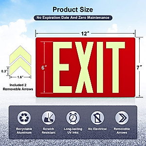 Photoluminescent Exit Sign Aluminum - Adhesive Backing Glow In The Dark - Removable Arrows Included - 12x7 Inches - Non Electrical Red Exit Light For 50 Feet Visibility (1 Pack)