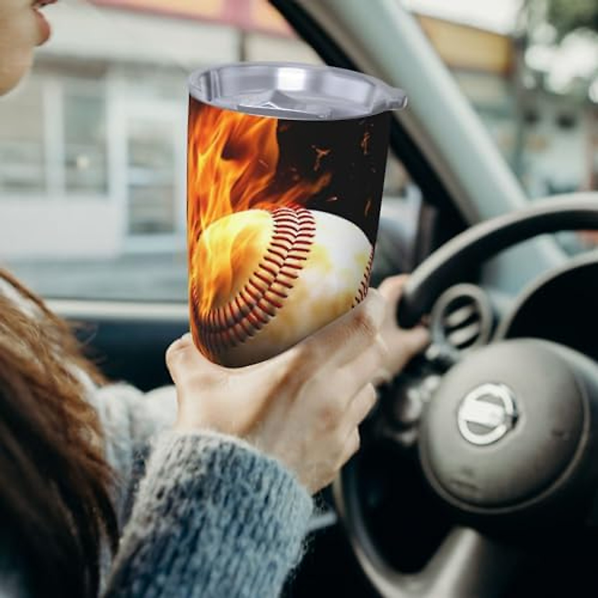 Fire Baseball Tumbler with Lid and Straw 20oz Stainless Steel Car Cup for Hot and Cold Drinks, Double Wall Insulated Travel Coffee Mug Reusable Drink Thermos Cup Birthday Gifts