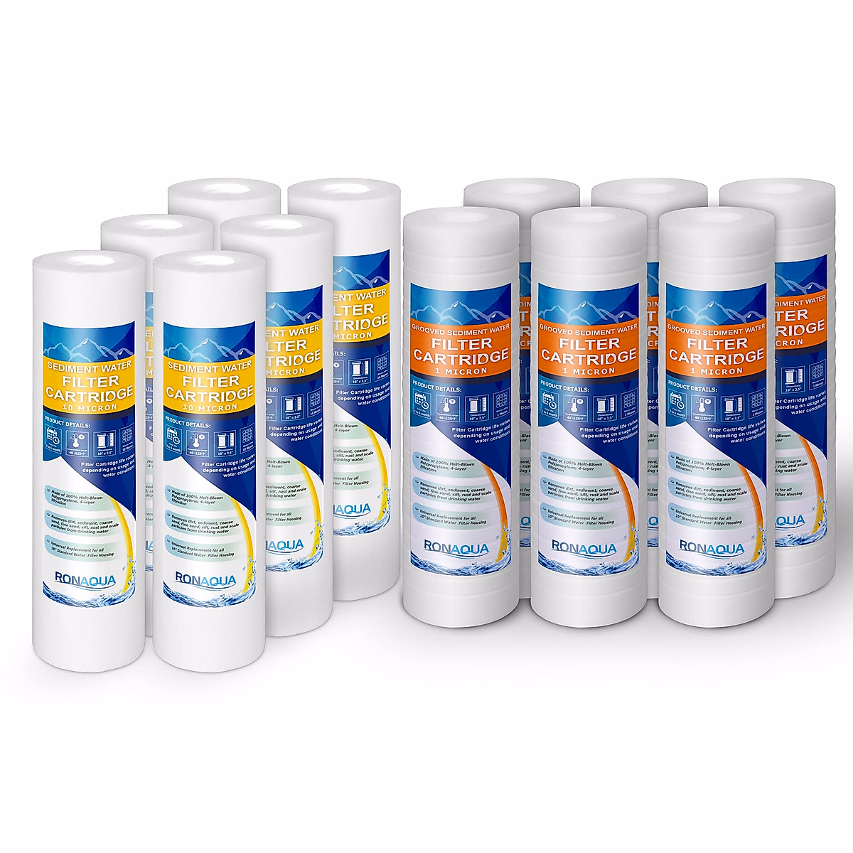 Sediment Water Filter Cartridge 6 Pack, 10 Micron & 6 Pack Grooved 1 Micron Sediment Water Filter Cartridges 10"x2.5", Four Layers of Filtration Removes Sand, Dirt, Silt, Rust, made from Polypropylene
