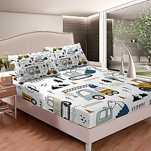 Cartoon Car Kids Fitted Sheet Construction Bed Sheet Set Decor Equipment Trucks Bedding Set Cartoon Car Excavator Tractor White Yellow Bed Cover Bedroom Quilt Cover 2Pcs Twin