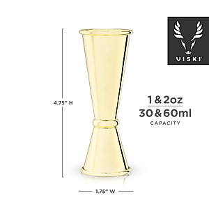 Viski Japanese Style Double Jigger for Cocktails, Bar Kit Essential, 1oz and 2oz with Interior Measurements, Gold