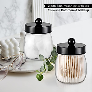 Farmhouse Decor Apothecary Jar Set,Mason Jar Bathroom Vanity Storage Organizer Canister - Qtip Holder Plastic Acrylic Jar for Cotton Swabs,Cotton Pads,Floss Picks,Paper Clips,Hair Clips(4 Pack,Black)