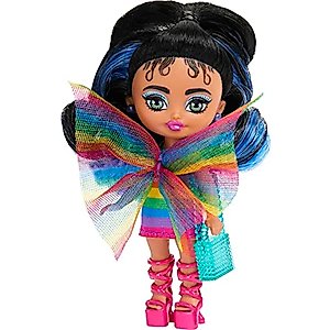 Barbie Extra Mini Minis with Blue-Streaked Black Ponytail Wearing Rainbow Dress & Accessories & Stand, 3.25-inch