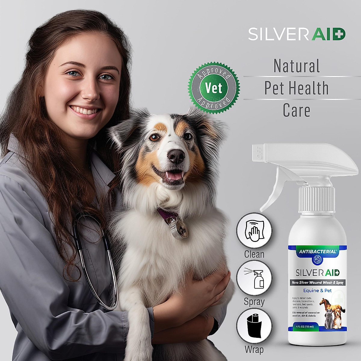 SilverAid Wound & Skin Spray, Patented Colloidal Silver Spray, Hot Spot Treatment for Dogs, Cats, Horses, Relief of Itching, Irritations, Burns, Minor Cuts, Coat Care, Vet Recommended, Made in USA