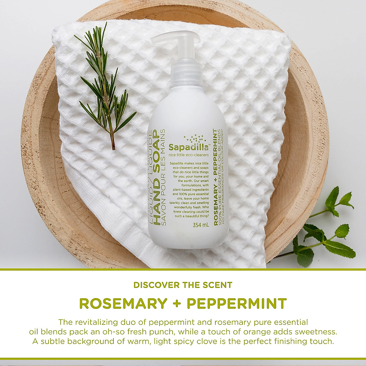Sapadilla Liquid Hand Soap - Rosemary + Peppermint - Made with 100% Pure Essential Oil Blends, Cleansing & Moisturizing, Aromatic & Fragrant Hand Soap, Plant Based, Biodegradable, 12 Ounce (Pack of 2)