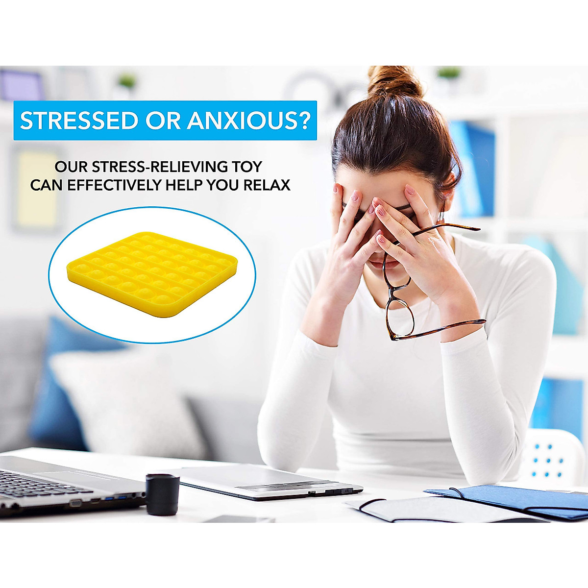 RadBizz Push Pop Bubble Fidget Sensory Toy - for Autism, Stress, Anxiety - Kids and Adults (Square Yellow)