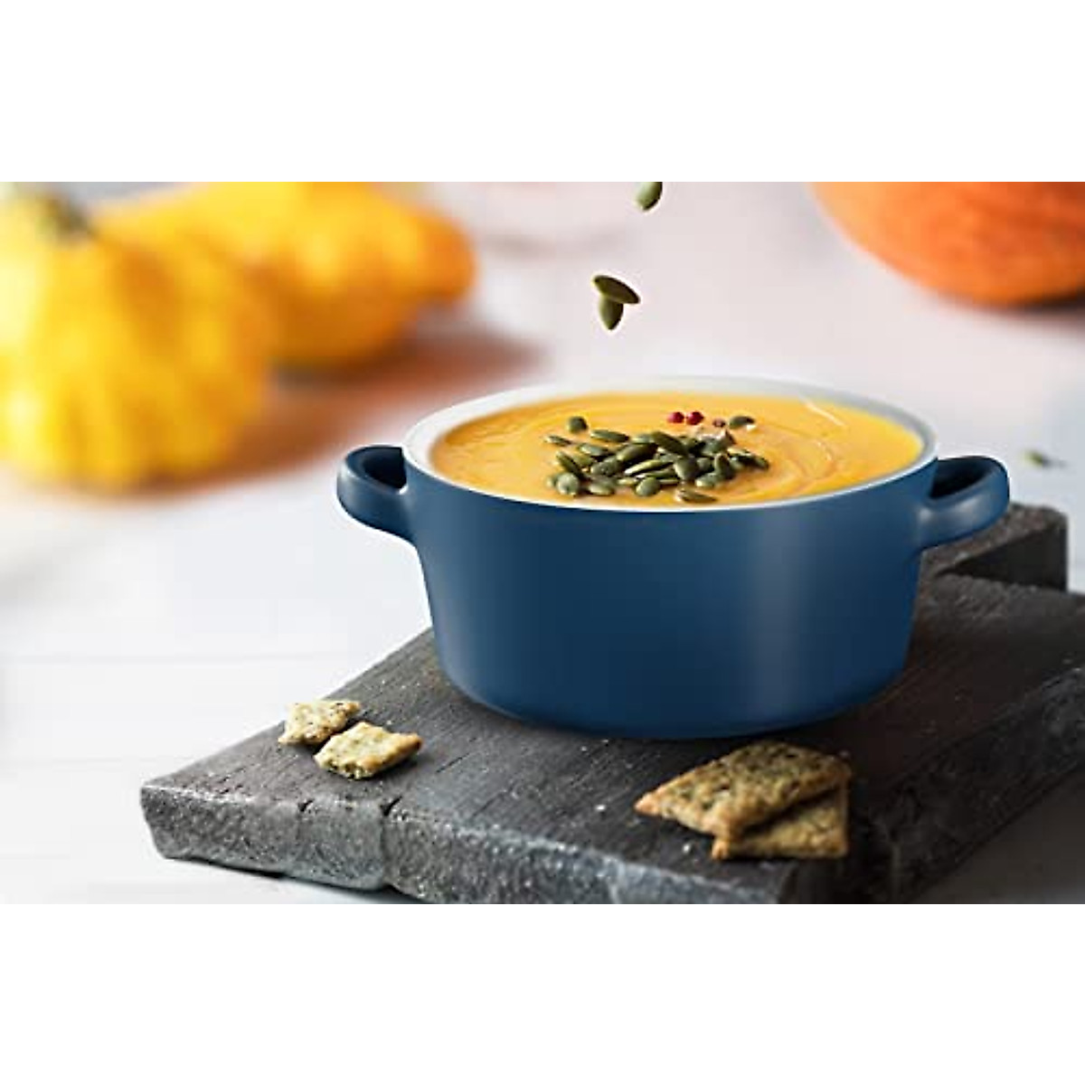 KooK Soup Crocks, Ceramic Stackable Bowls, Broil, Oven, Microwave and Dishwasher Safe, with Handles, For Casserole, Pasta, Cereal, 23.6 oz, Set of 4 (Matte Blue)