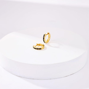 Gacimy Gold Huggie Earrings for Women 14K Real Gold Plated with Black Cubic Zirconia, Small Gold Hoop Earrings Cartilage Cuffs for Women, Black 1/2 Inch