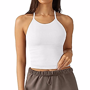 LASLULU Womens Sports Bra Halter Neck Crop Tops Seamless Casual Camisole Longline Running Athletic Bra Cropped Tops(White Large)