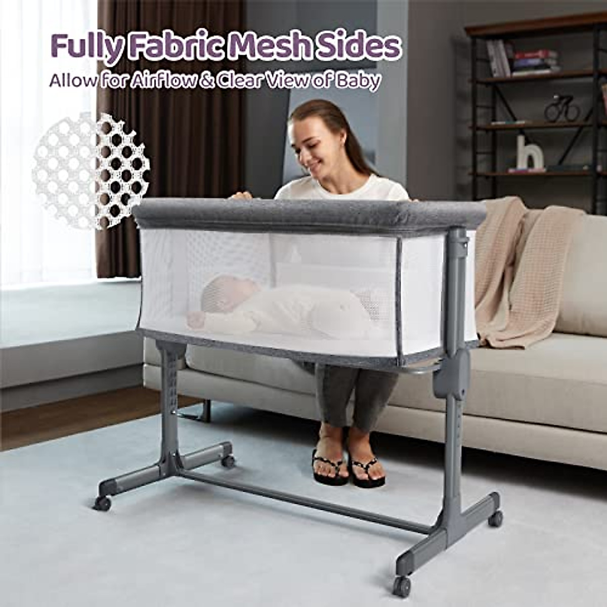 BUBAVAN Bassinet, Bedside Bassinet for Baby, Portable Bedside Sleeper, Co Sleeper Bassinet with Wheels, Baby Bed Sleeper, Breathable Mesh Design, Quick Fold with Mosquito Net & Storage Bag