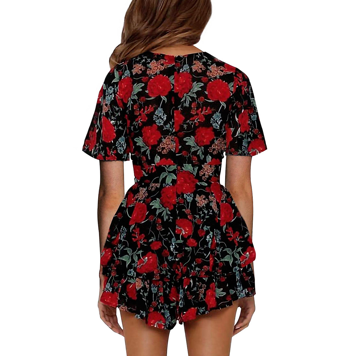 AIMCOO Women's Floral Print Deep V-Neck Romper Double Layer Ruffle Hem Jumpsuits Short Flare Sleeves Waist Tie Short Rompers