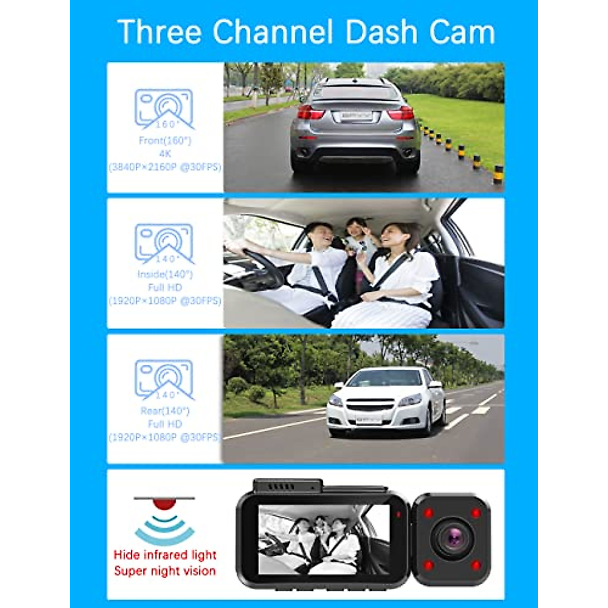 BPYY 3 Channel 4K Dash Cam, 4K+1080P+1080P Front and Rear and Interior, Dash Camera for Cars Built-in 5G WiFi GPS, HD Camera, 24-Hour Parking Mode, WDR, IR Night Vision, G Sensor, Support up to 256G