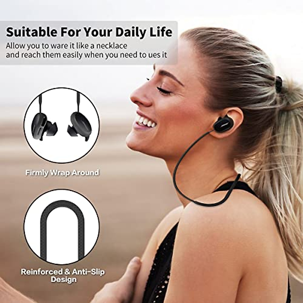 WOFRO Anti-Lost Strap for Bose QuietComfort Earbuds, Sports Anti-Slip Soft Silicone Super Strong Lanyard Accessories Compatible with Bose QuietComfort Earbuds 2020 Neck Rope Cord (Black)