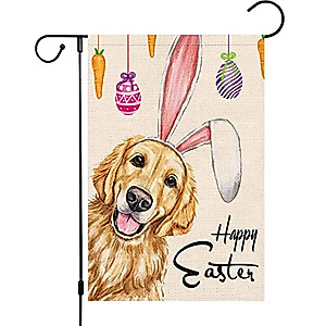 Happy Easter Garden Flag 12x18 Double Sided Burlap, Small Vertical Golden Retriever Dog with Rabbit Ear Garden Yard Flags for Spring Easter Decoration (Only Flag)