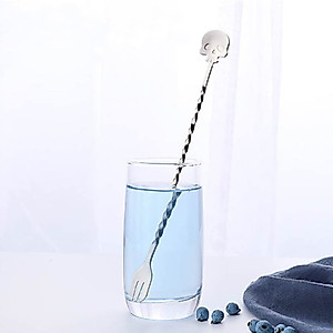 Pinenjoy 2Pcs Skull Bar Spoon and Fork with Spirial Pattern 9.8inch Long Handle 18/10 Stainless Steel Cocktail Shaker Spoon for Bartender Halloween Stirring Beverages