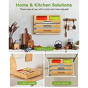KOCWELL Bag Storage Organizer and Plastic Wrap Dispenser with Cutters, 2 Foil and Plastic Wrap Organizer, 4 Ziplock Bag Holder for Gallon, Quart, Sandwich Snack Variety Size Bags, Bamboo