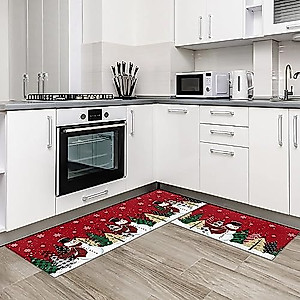 Miaklek Christmas Kitchen Rugs Set of 2 Anti Fatigue Mats for Kitchen Floor Cushioned Kitchen Rugs and Mats Non Slip Kitchen Runner Comfort Standing Mat, Cute Snowman Xmas Tree Winter Snowflake Red