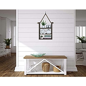 SFC Rustic Wood Bathroom Shelf Over Toilet, Bathroom Decor, Bathroom Shelves Wall Mounted, Rustic Bathroom Decor, Rustic Shelves, Farmhouse Bathroom Decor, Ladder Style Rope Hanging Shelf (Small)