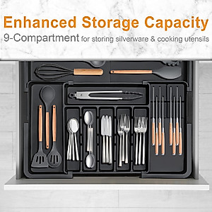 Homecor Silverware Organizer - Expandable Large Kitchen Drawer Organizer Utensil Organizer with 2 Removable Knife Blocks, 22"x 19"Cutlery Tray Drawer Dividers for Kitchen Flatware(6-9 Slots) (Black)