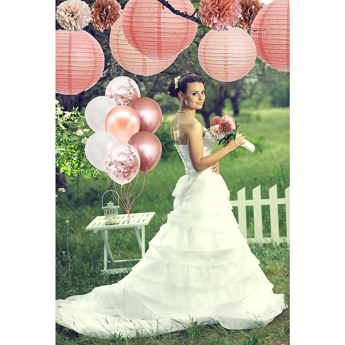 Bachelorette Party Decorations - Bridal Shower Party Decor and Supplies Kit for Wedding With Foil Balloons Table Confetti Scatters Hanging Paper Lantern Tissue Flowers (Rose Gold)