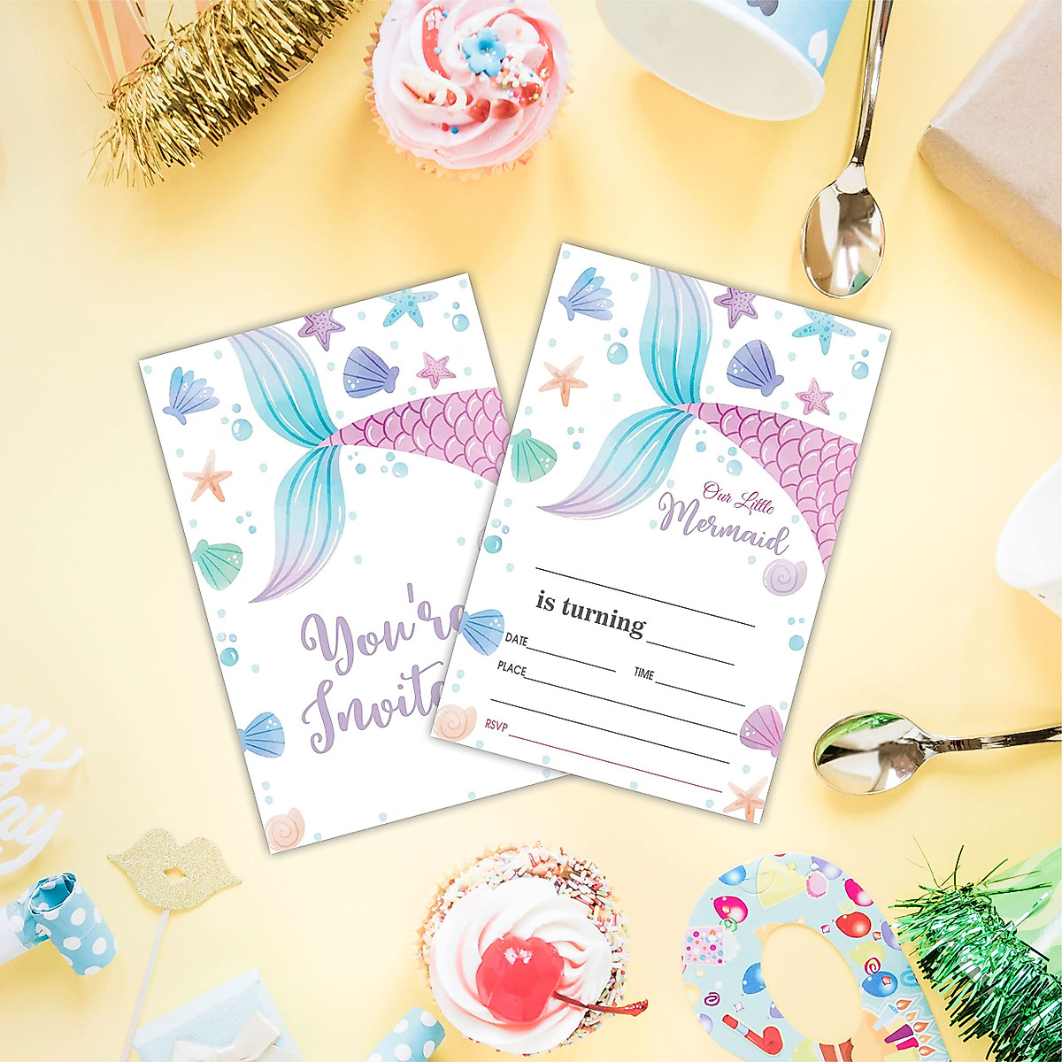 AWSICE Little Mermaid Birthday Invitations, Under The Sea Fill-In Invite Cards For Birthday Party, 20 Invitations With Envelopes, Decorations,Party Favor And Supply-B05