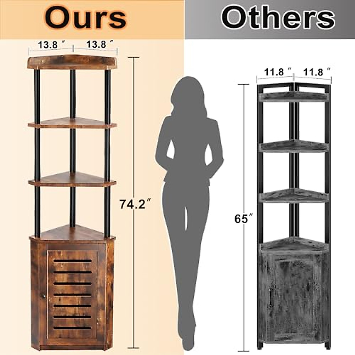 Timberer 6-Tier Corner Shelf with Storage, Corner Bookshelf, 74.2" Tall Corner Stand Display Storage Rack for Living Room, Home Office, Kitchen, Bar, Small Space, Rustic Brown and Black