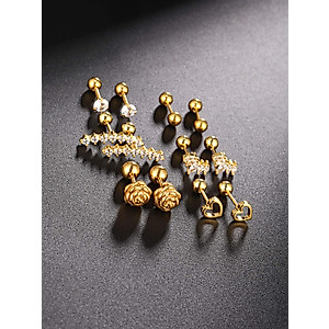 6 Pairs Stainless Steel Tragus Cartilage Earrings Labret Studs Barbell Lip Nose Body Stud Piercing for Men Women Ornament (Gold)