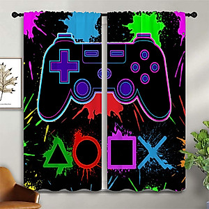 LHROOMJK Gamer Gaming Gamepad Rod Pocket Blackout Curtains for Boy Girl Bedroom, Colorful Splash Art Video Game Controller Thermal Insulated Home Window Drapes for Living Room Darkening, 42x45 inch