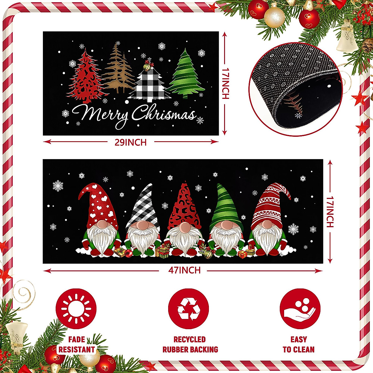 Christmas Kitchen Rugs Set of 2 - Buffalo Plaid Tree Gnomes Black Kitchen mat, Winter Holiday Party Low-Profile Floor Door Mat Merry Christmas Decorations for Home Kitchen - 17x29 and 17x47 Inch