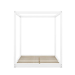 FIQHOME Queen Size Canopy Platform Bed with Support Legs,Four-Poster Canopy Platform Bed Frame with Headboard, Wooden Queen Bed with Support Legs,for Kids Teens Adults, No Box Spring Needed,White