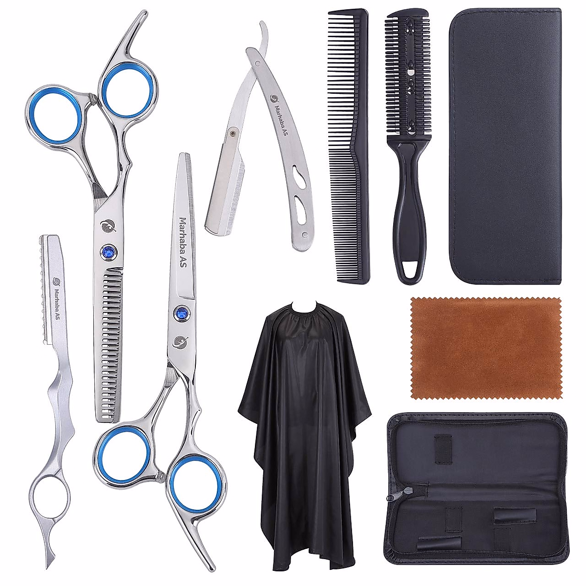 Marhaba AS Hair Cutting Scissors Kit - Professional 10 Piece Barber Scissors Set with Hair Scissors Thinning Shears for Hair Cutting, Stainless Steel Barber Scissors with Cape and Feather Razor