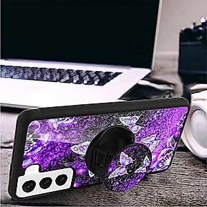 Tjkings for Samsung Galaxy S21 6.2 inch Case, [Screen Protector+Kickstand] Glitter Purple Butterfly Nebula Space Tire Design Hard PC+TPU Bumper Slim Anti-Scratch Shockproof for Samsung Galaxy S21
