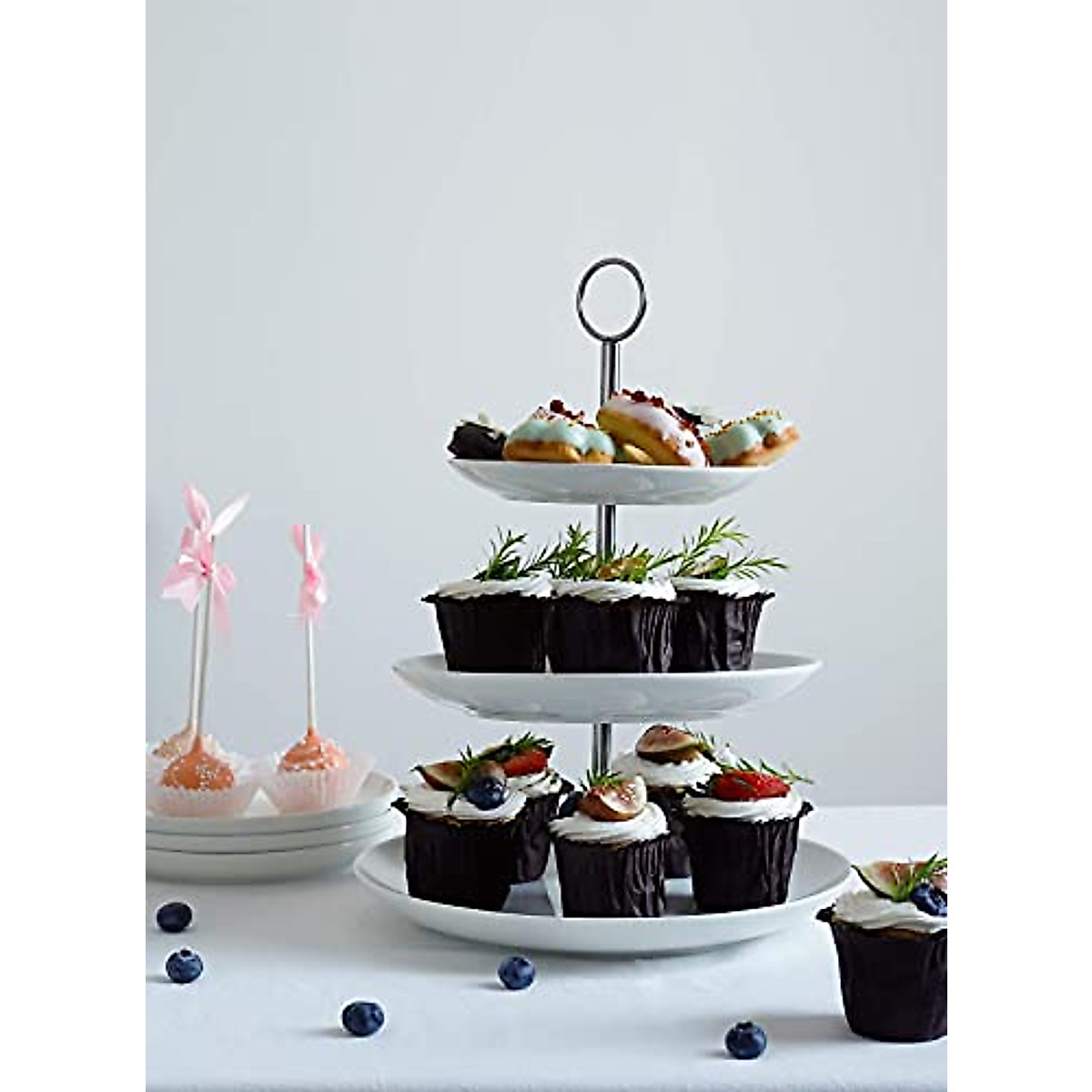 Sweese 731.101 3 Tiered Serving Stand, Foldable Rectangular Food Display Stand with White Porcelain Platters - Serving Trays, Dessert Display Server for Brithday Party, Valentine's Day and Events
