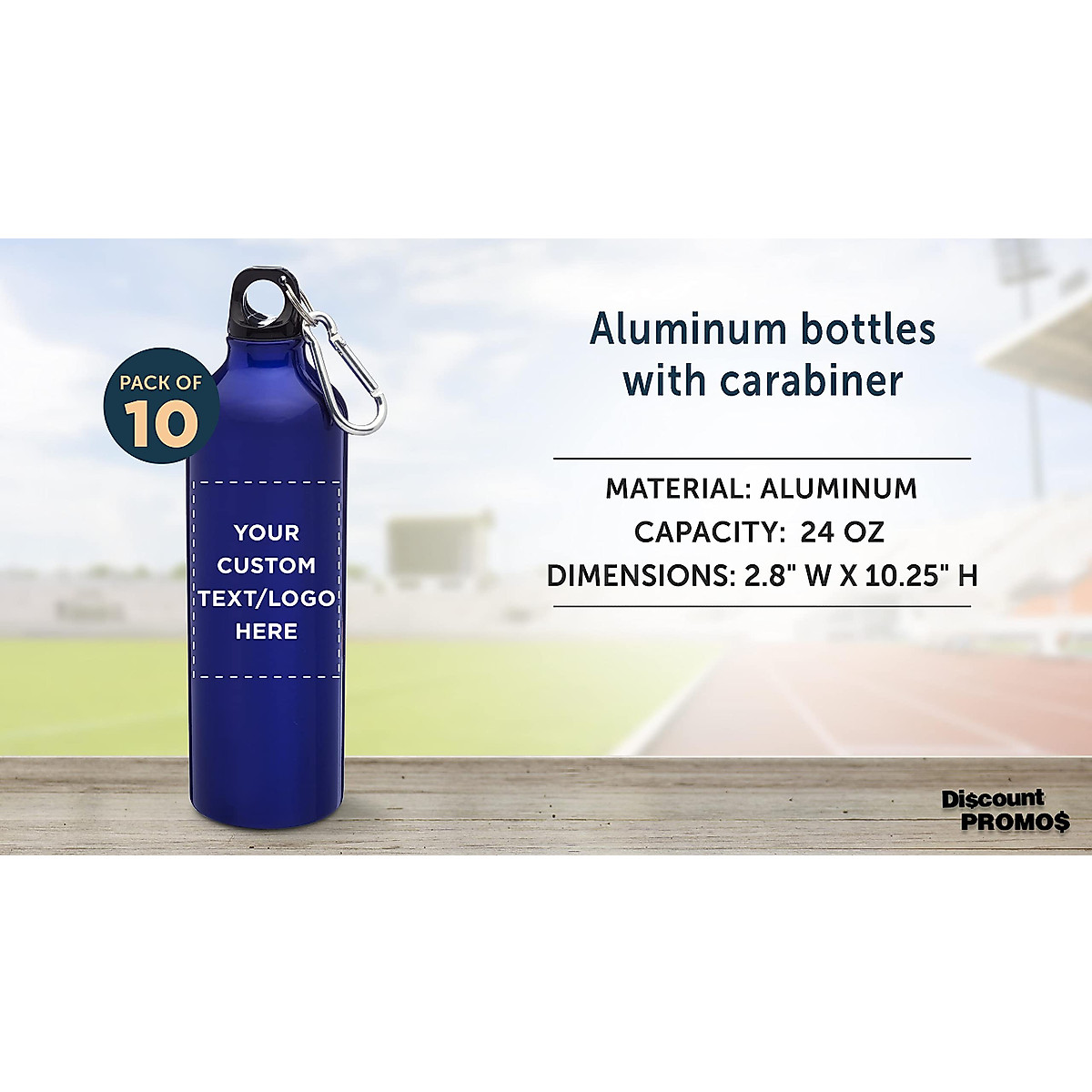 DISCOUNT PROMOS Custom Aluminum Water Bottles with Carabiner 24 oz. Set of 10, Personalized Bulk Pack - Perfect for Gym, Hiking, Camping, Running, Mountain Bike, Outdoor Sports - Met Blue
