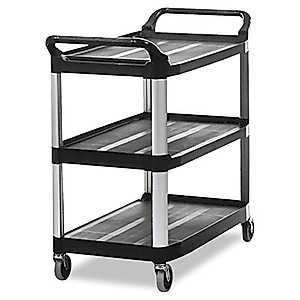 Rubbermaid Commercial Products Heavy Duty 3-Shelf Rolling Service/Utility/Push Cart, 200 lbs. Capacity, Black, for Foodservice/Restaurant/Cleaning/Workplace