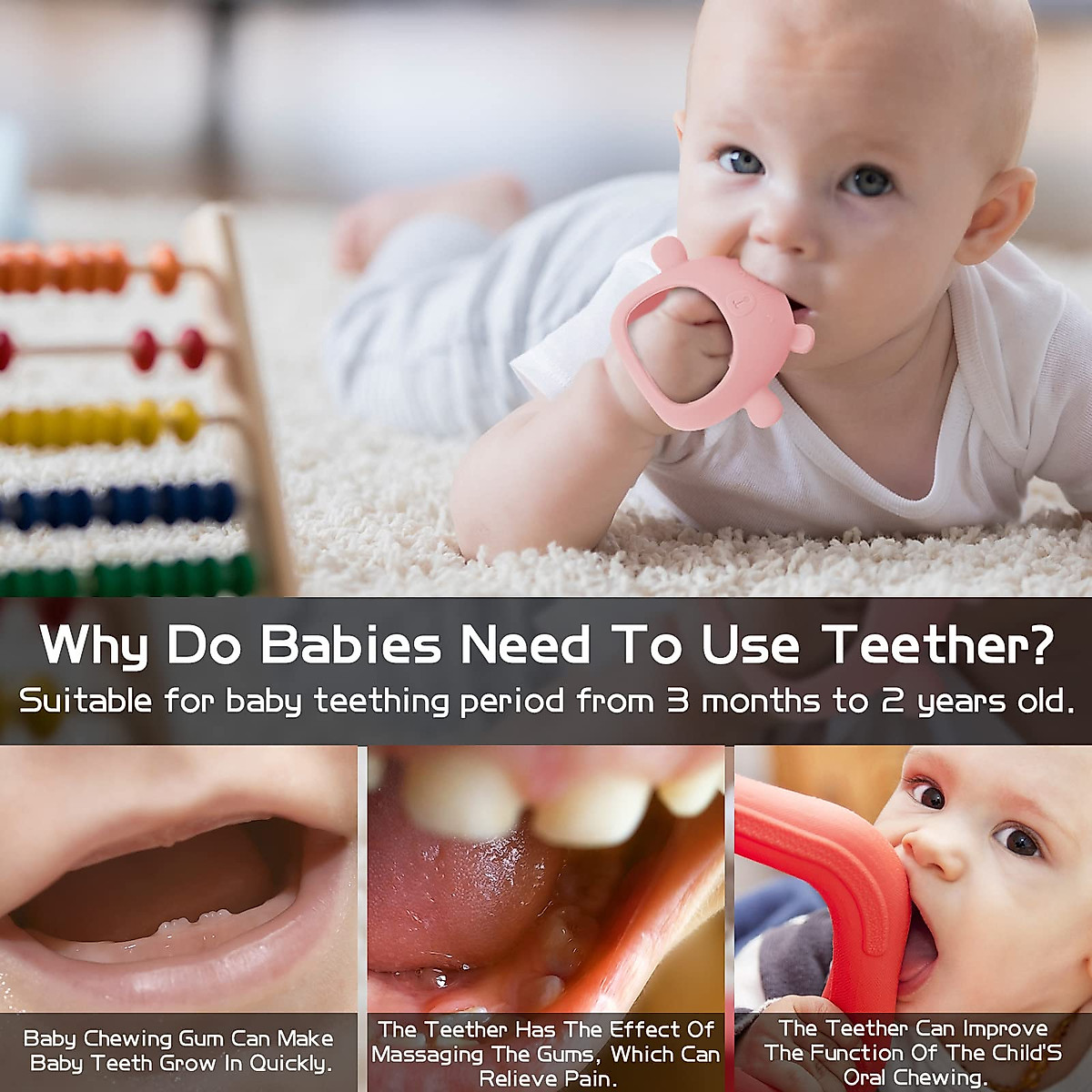 QANGCE Teething Toys for Babies 0-6 Months, Anti-Drop Baby Teething Toys, Food Grade Silicone Teether, Baby Chew Toys, Massage Granules to Relieve Teething Discomfort, Pacifiers for Babies (Dark Pink)