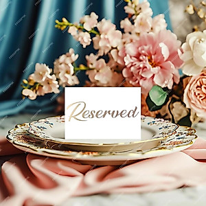 25 Pack Gold Reserved Table Cards for Wedding with Gold Foiled Letters- Seating Signs for Chairs Church Pews Double Sided Signs Tent Reservation Cards Celebration Accessories (Set of 25, White)