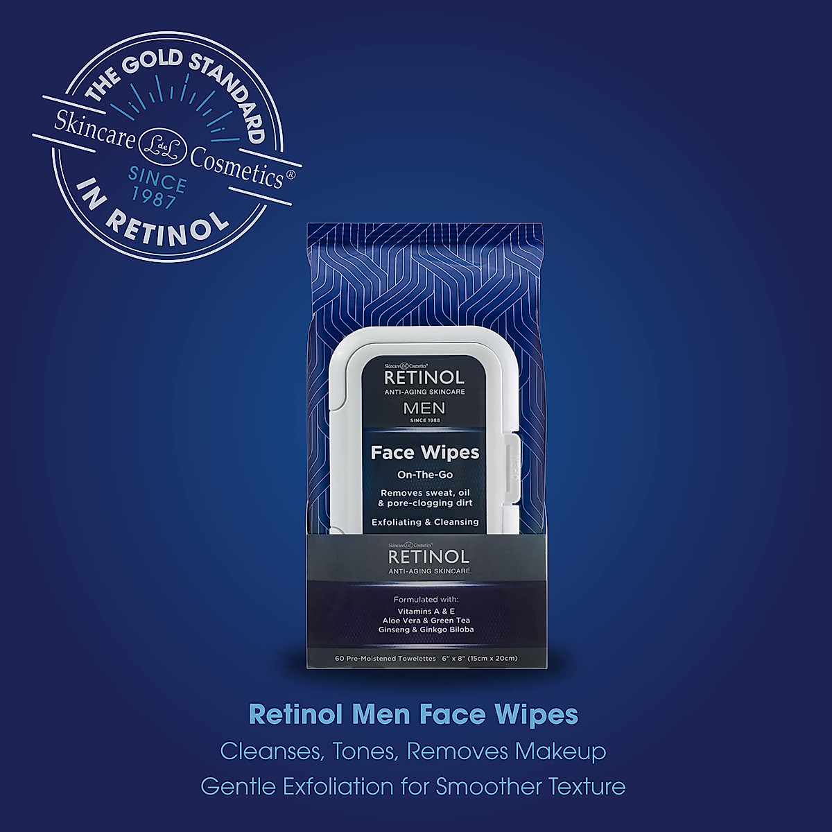 Retinol Men Facial Wipes Anti-Aging Cleansing Towelettes - Quickly cleanse face from sweat, oil and pore-clogging dirt without any heavy residue