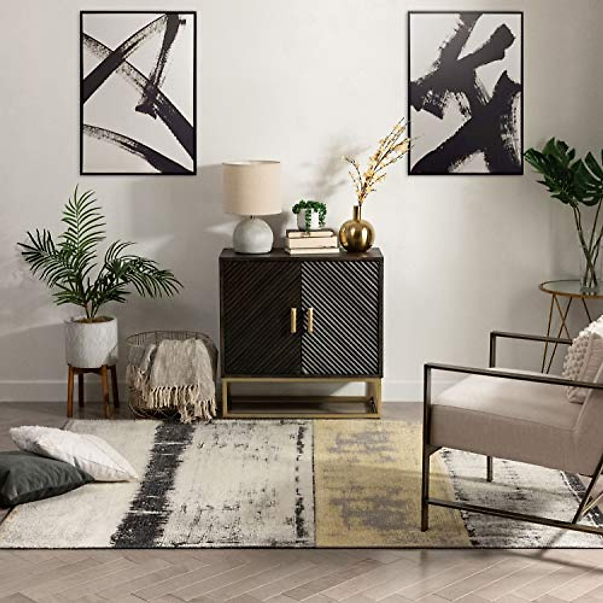 Well Woven Faren Grey & Yellow Kilim-Style Weave Distressed Tribal Stripe Area Rug 5x7 (5'3" x 7'3")