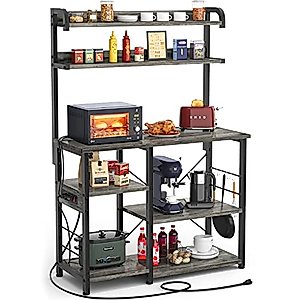 Topfurny Baker's Rack with Power Outlet, Coffee Station, Microwave Oven Stand, Kitchen Shelf, Microwave Cart, 7-Tier Microwave Stand or Coffee Bar Table Organizer, for Spice, Pots and Pans Organizer