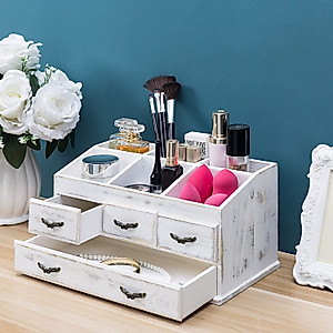 MyGift 7-Compartment Shabby Whitewashed Solid Wood Jewelry/Cosmetics Vanity Organizer Rack with 4 Vintage Storage Drawers
