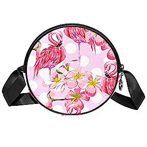 Flamingo and Pink Flower on Polka Dots Crossbody Bag for Women Teen Girls Round Canvas Shoulder Bag Purse Tote Handbag Bag