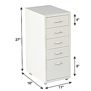 LONABR 5 Drawer Chest Metal Storage Dresser Cabinet with Wheels & Handle Slim Night Table for Home Office Cabinets,White